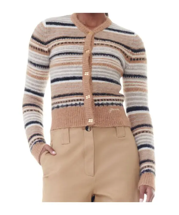 GANNI Logo Embroidered Striped Cardigan