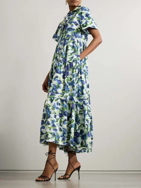 Erdem Layered Floral Print Short Sleeve Dress - Blue