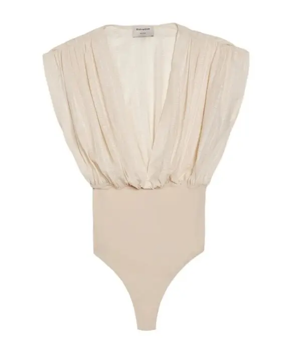 ZEUSDIONE Sleeveless Deep V-neck Bodysuit With Pleated Shoulders And Gathered Waist
