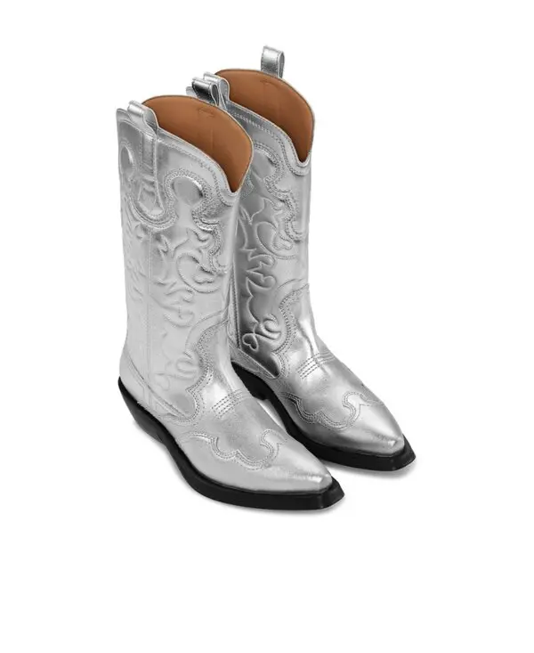 GANNI Mid Shaft Embroidered Western Boots - Silver