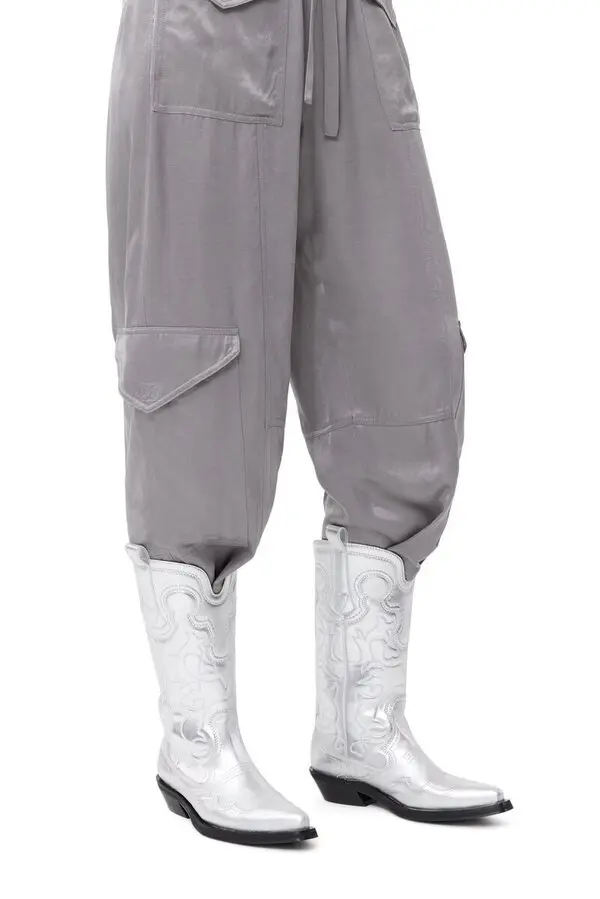 GANNI Mid Shaft Embroidered Western Boots - Silver