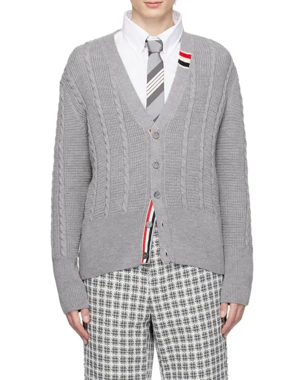 Thom Browne V-neck Buttoned Knitted Cardigan - Light Gray