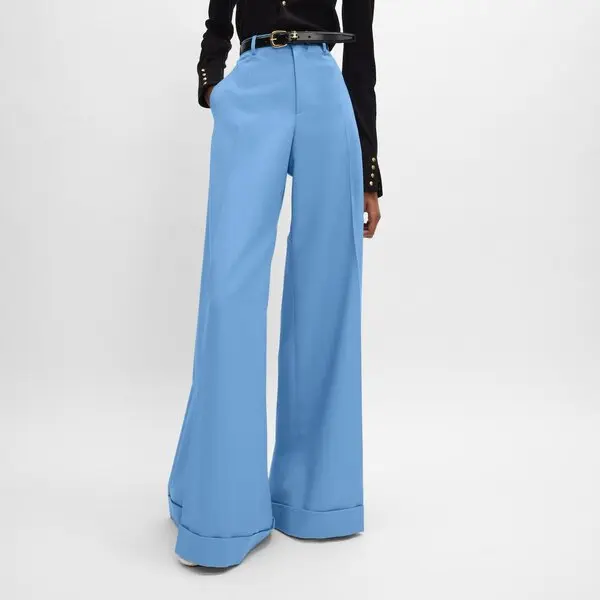Celine Long Docks Trousers In Diagonal Wool - Blue