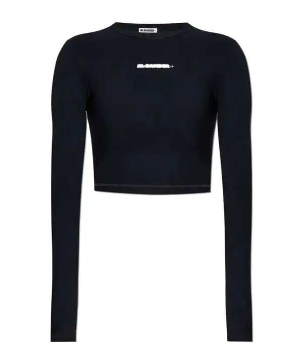 JIL SANDER Long Sleeve Cropped Swim Top With Logo - Black
