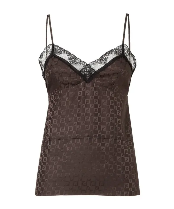 Fendi Jacquard Ff Silk Sleeveless Top With Lace Trim - Brown