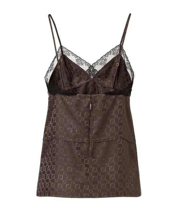 Fendi Jacquard Ff Silk Sleeveless Top With Lace Trim