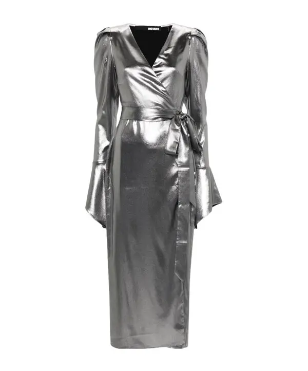 ROTATE BY BIRGER CHRISTENSEN Wrap Midi Dress With Deep V-neck And Bubble Sleeves