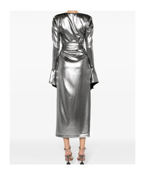 ROTATE BY BIRGER CHRISTENSEN Wrap Midi Dress With Deep V-neck And Bubble Sleeves