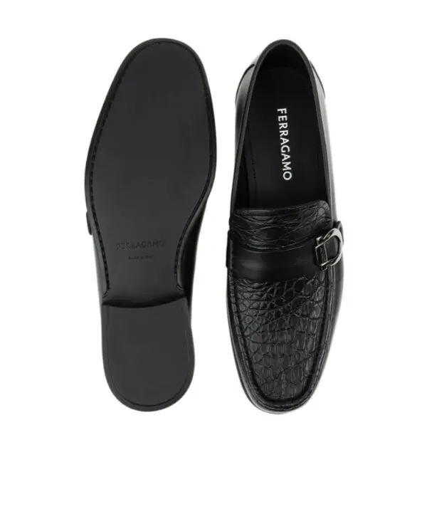 FERRAGAMO Alligator And Calf Leather Loafer With Gancini Ornament - Black