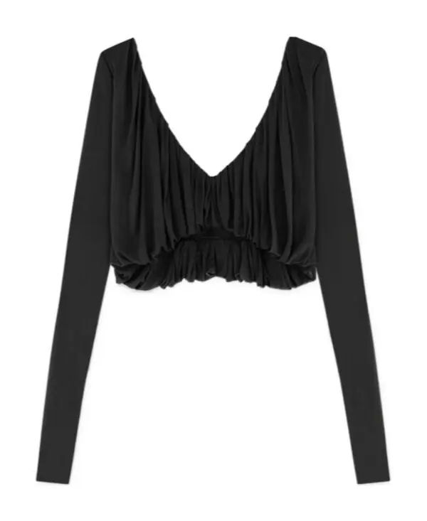 Saint Laurent Cropped Jersey Top With Pleated Details - Black