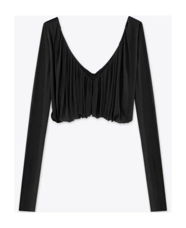 Saint Laurent Cropped Jersey Top With Pleated Details - Black