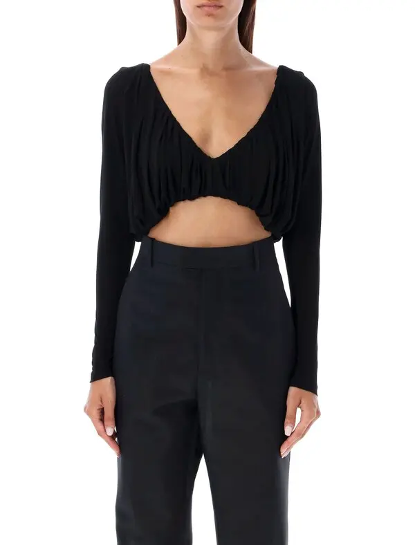 Saint Laurent Cropped Jersey Top With Pleated Details - Black