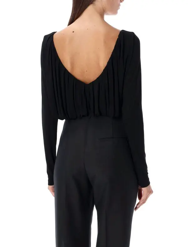 Saint Laurent Cropped Jersey Top With Pleated Details - Black