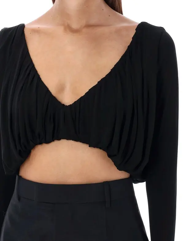 Saint Laurent Cropped Jersey Top With Pleated Details - Black