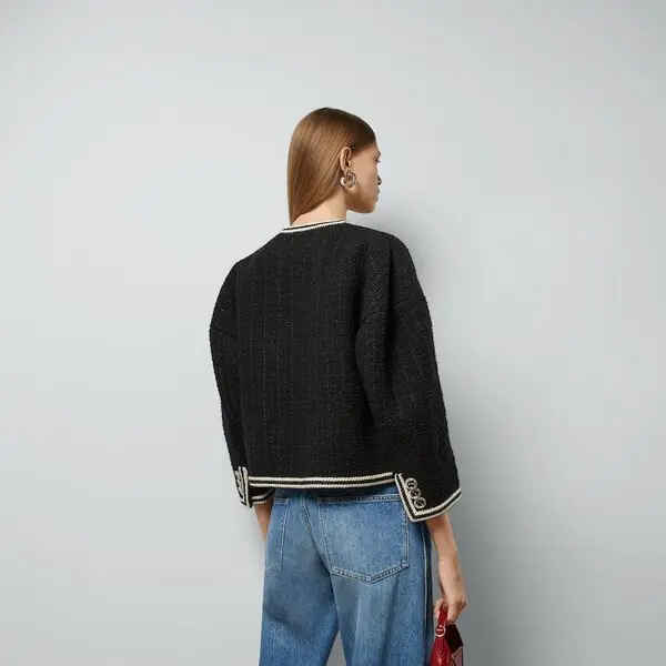 Gucci Interlocking G Tweed Jacket With Crystal Brooch