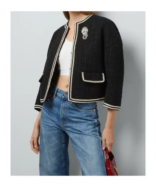 Gucci Interlocking G Tweed Jacket With Crystal Brooch