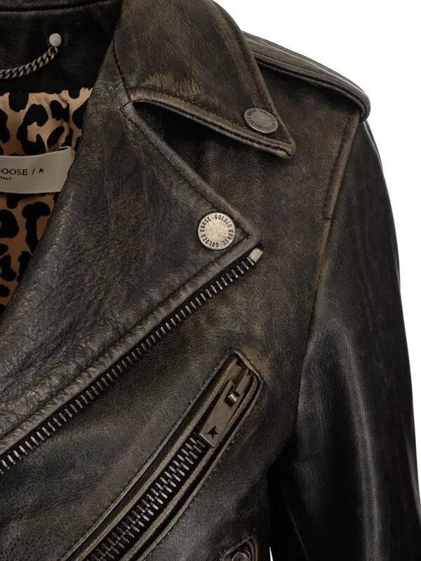 GOLDEN GOOSE Leather Biker Jacket With Cracked Effect