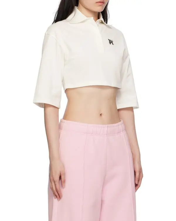 Palm Angels Monogram Embroidered Cropped Polo Shirt - White