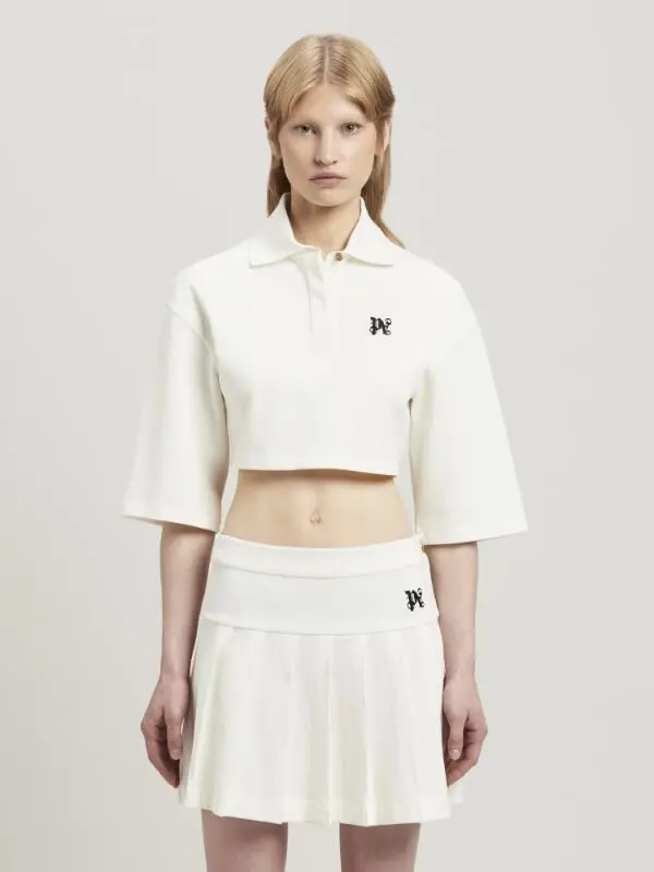 Palm Angels Monogram Embroidered Cropped Polo Shirt - White