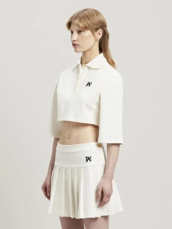 Palm Angels Monogram Embroidered Cropped Polo Shirt - White