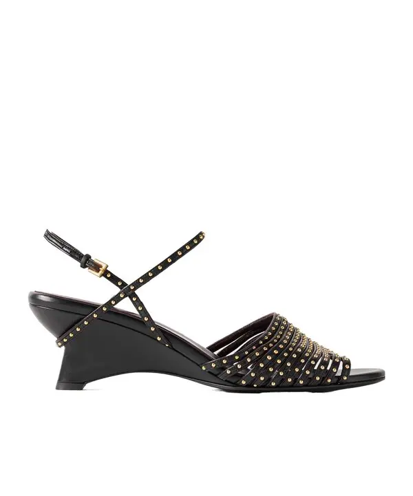 Khaite Studded Strappy Leather Wedge Sandals - Black