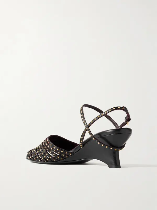 Khaite Studded Strappy Leather Wedge Sandals - Black