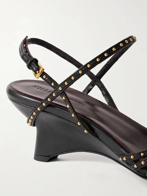 Khaite Studded Strappy Leather Wedge Sandals - Black