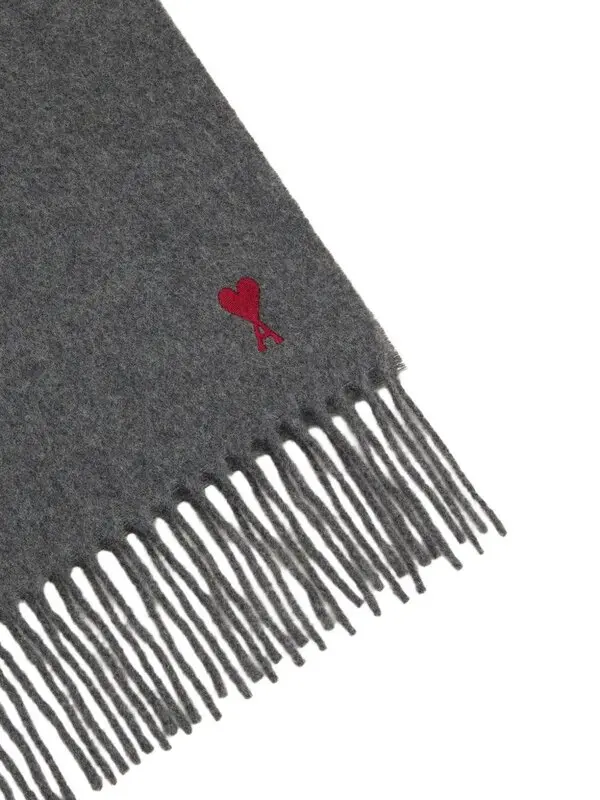 AMI Paris Logo Embroidered Fringed Scarf