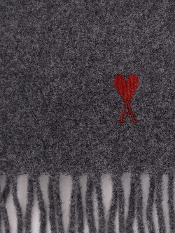 AMI Paris Logo Embroidered Fringed Scarf