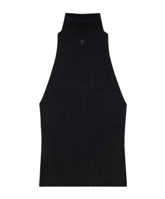 COURREGES Courrèges Sleeveless Ribbed Knit High Neck Tank Top With Logo - Black