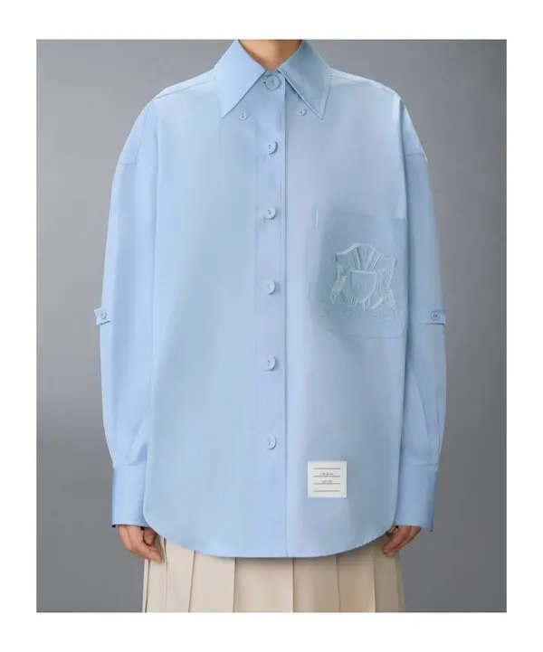 Thom Browne Oversized Poplin Crest Embroidery Shirt - Light Blue