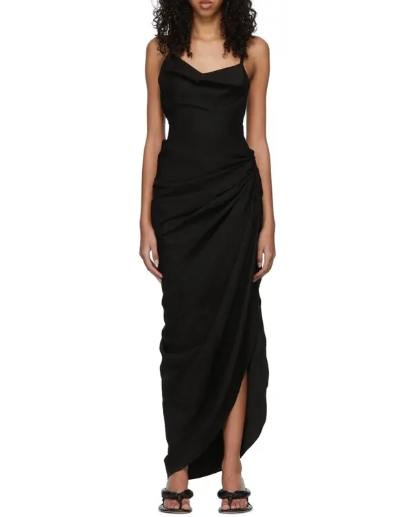 Jacquemus Asymmetric Draped Midi Dress - Black
