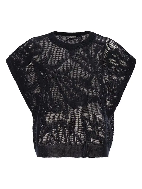 Brunello Cucinelli Openwork Knit T-shirt With Sequins - Black