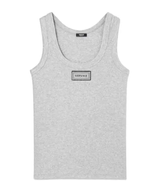 Versace Ribbed Stretch Tank Top With Retro Logo Patch - Grey