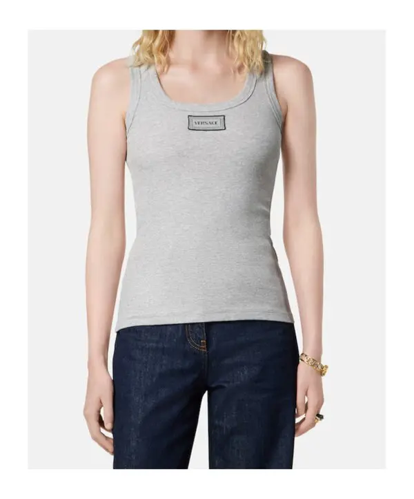 Versace Ribbed Stretch Tank Top With Retro Logo Patch - Grey
