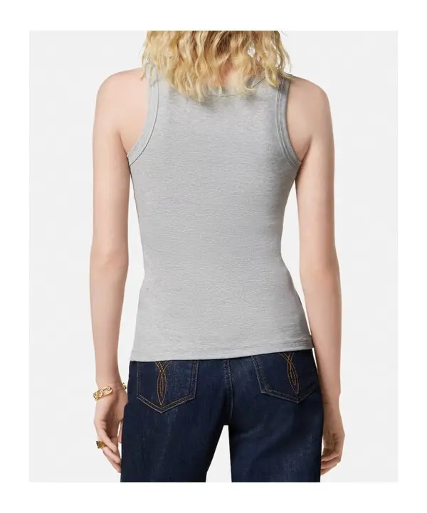 Versace Ribbed Stretch Tank Top With Retro Logo Patch - Grey