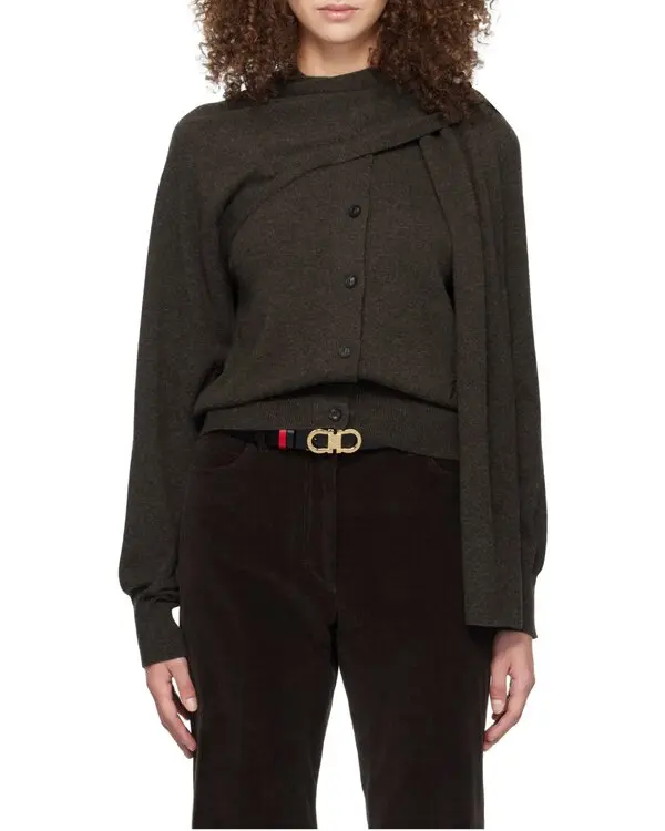 FERRAGAMO Knitted Cardigan With Scarf Detail - Black
