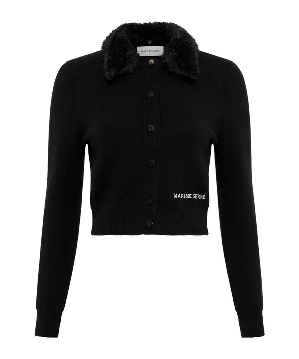 MARINE SERRE Wool Cropped Cardigan With Lapel Collar - Black