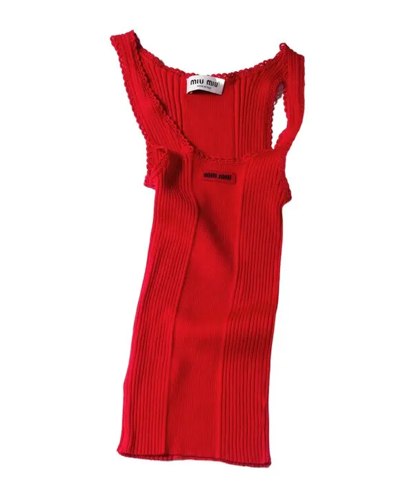 Miu Miu Ribbed Knit Wool Tank Top With Crochet Trim - Red