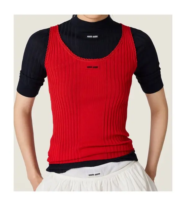 Miu Miu Ribbed Knit Wool Tank Top With Crochet Trim - Red
