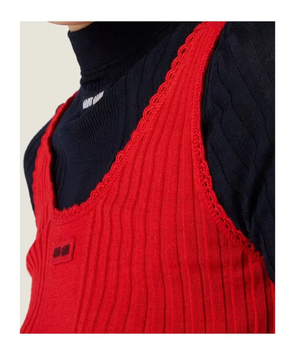 Miu Miu Ribbed Knit Wool Tank Top With Crochet Trim - Red
