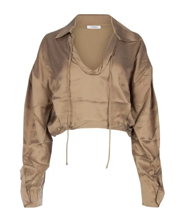 Yuzefi Long Sleeve V-neck Drawstring Top