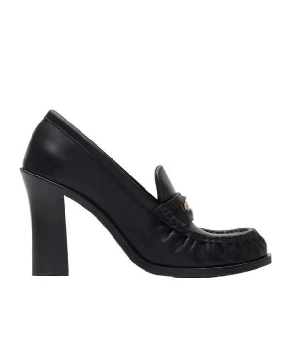 Burberry Calf Leather Heeled Loafers With Enamelled Knight Stamp - Black