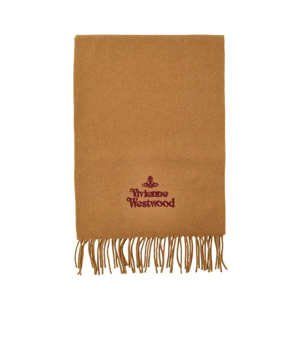 VIVIENNE WESTWOOD Logo Embroidered Fringed Scarf - Camel
