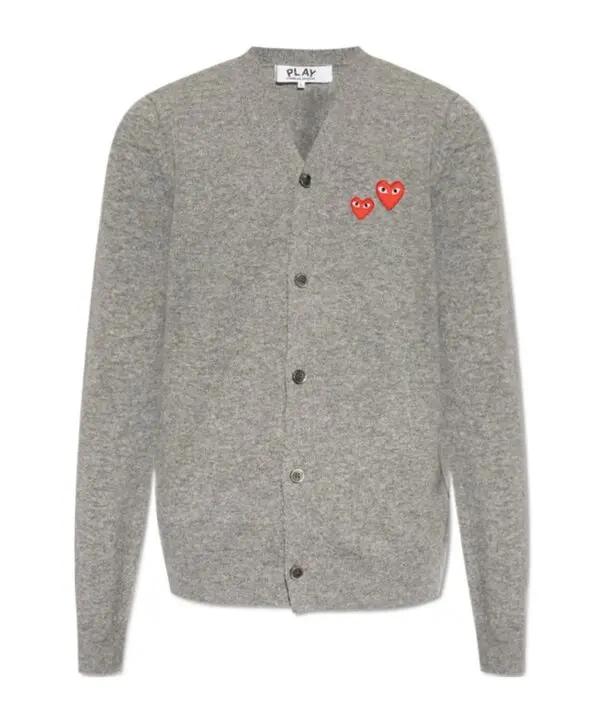 Play Comme Des Garcon Long Sleeve V-neck Cardigan With Heart Appliqu - Gray