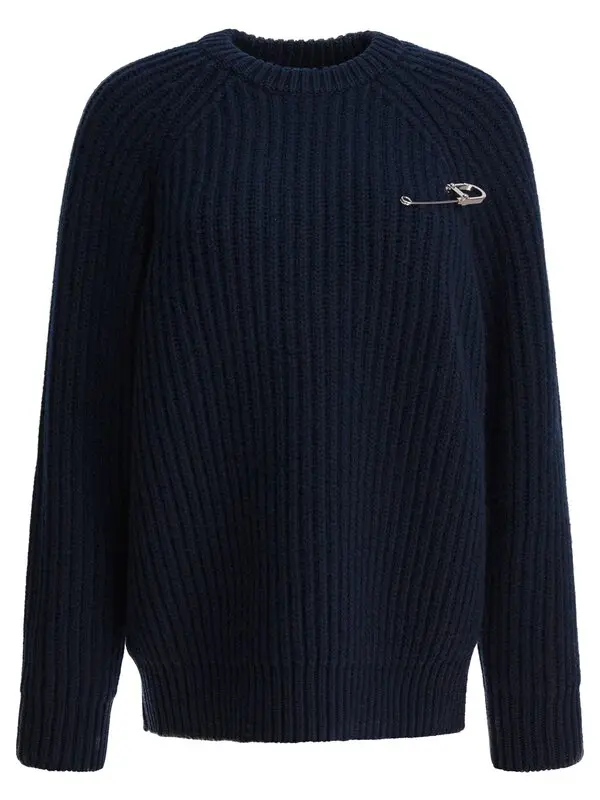 Prada Crewneck Ribbed Knit Sweater With Safety Pin Detail - No