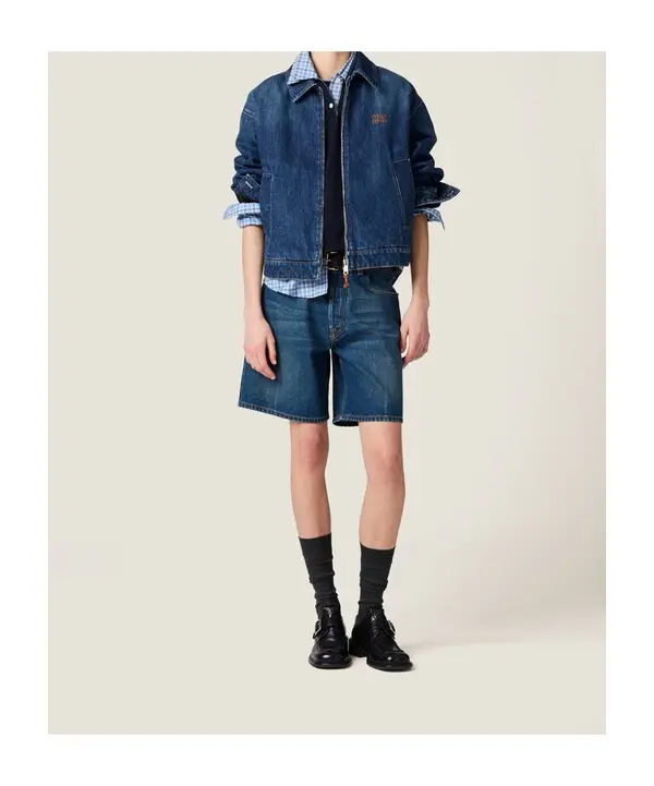 Miu Miu Embroidered Denim Trucker Jacket - Navy