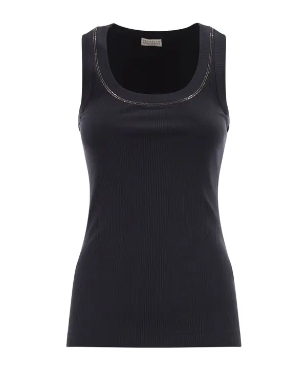 Brunello Cucinelli Ribbed Tank Top With Shiny Trim - Blue