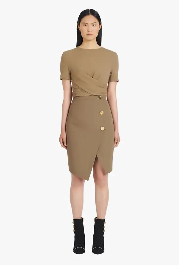 Balmain Taupe Wool Asymmetrical Skirt With Gold Buttons
