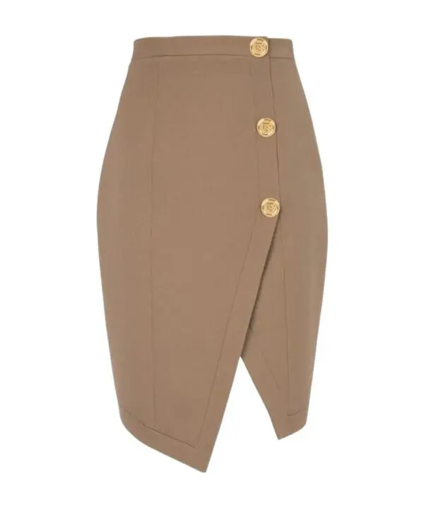Balmain Taupe Wool Asymmetrical Skirt With Gold Buttons - Brown